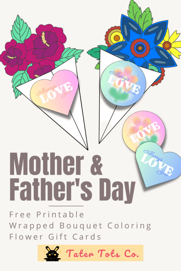 Free Printable Wrapped Bouquet Coloring Flower Mother's day Gift Cards ...